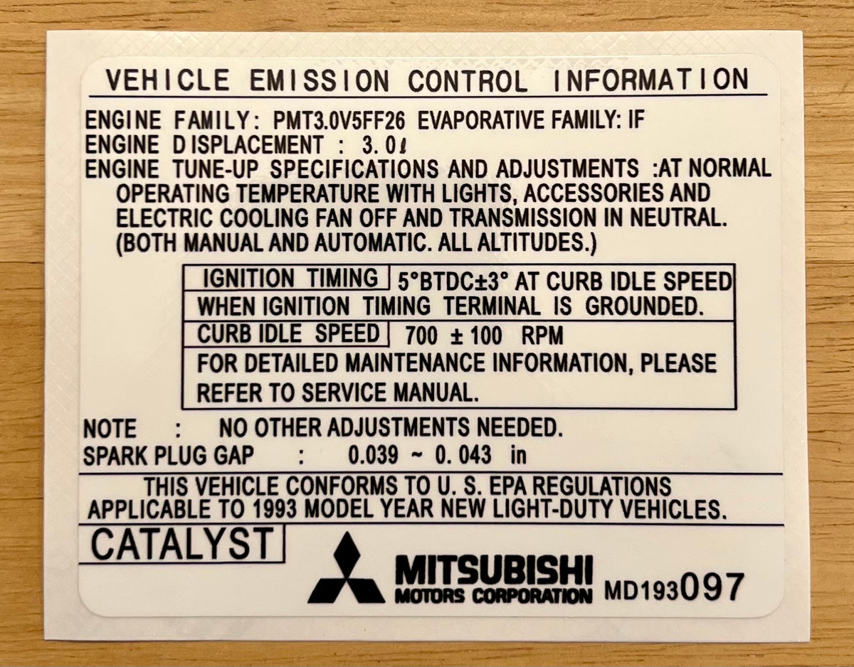 Vehicle Emission Control Information Decal (1993, no barcode) – 3000GT ...